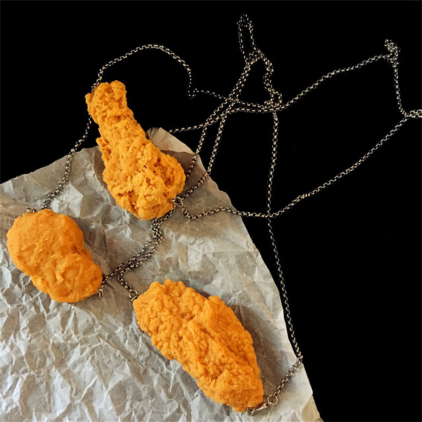 Simulation 3D Fried Chicken Pendant Y-Style Necklace Funny Vivid Food Chicken Legs Wings Necklace Resin Drumstick Creative Barbecue Shaped Jewelry for Women Party Jewelry-Nuggets