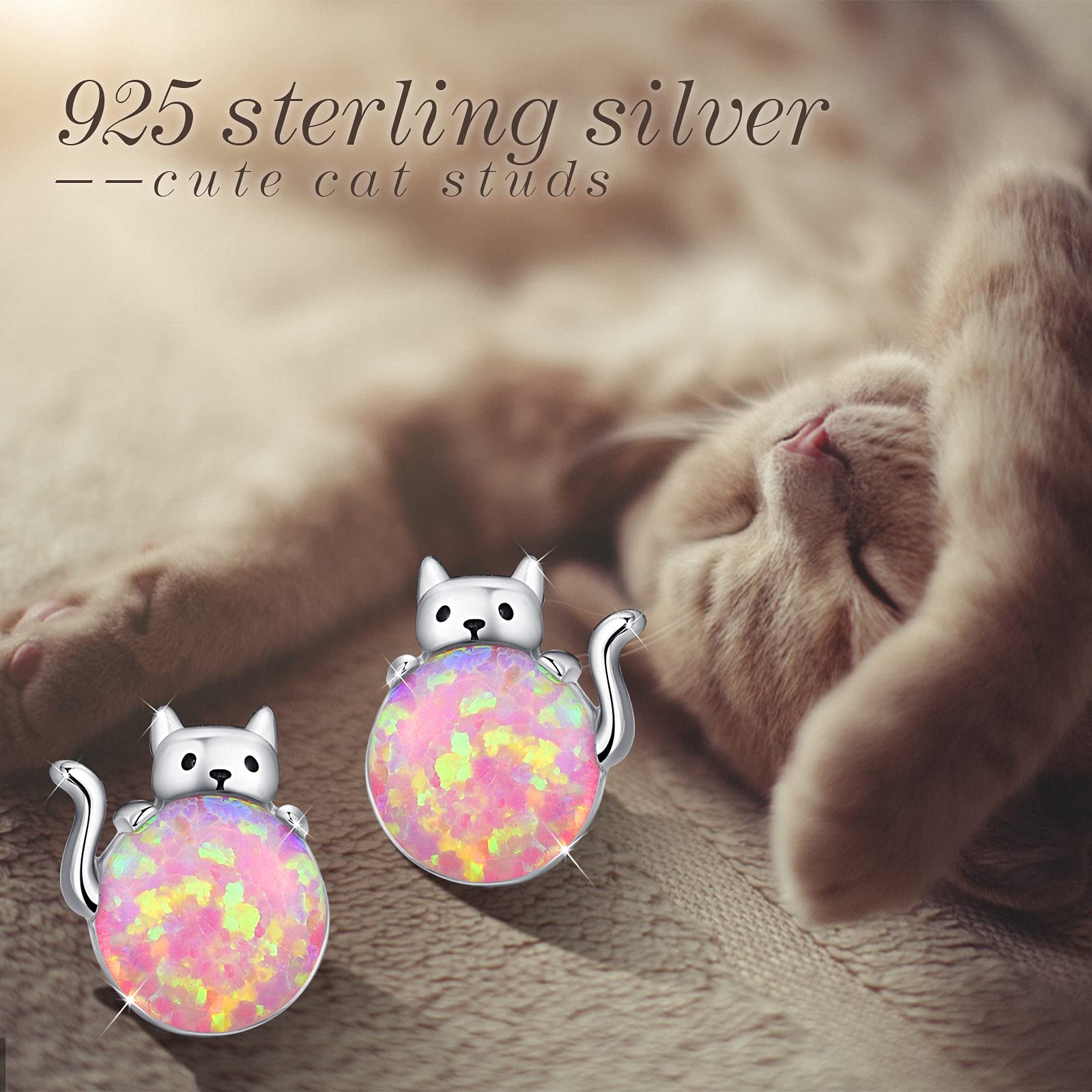 Cat Earrings for Women 925 Sterling Silver Cute Kitty Earrings Hypoallergenic Stud Earrings for Sensitive Ears Opal Small Studs Earrings Cute Kitten Jewelry for Women Daughter Birthday