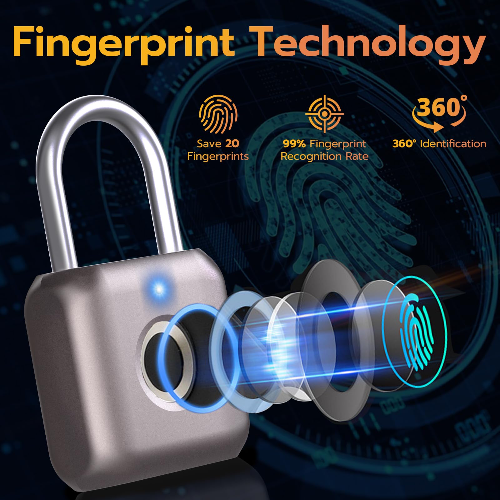 Pothunder Fingerprint Padlock, Smart Metal Keyless Thumbprint Lock, Waterproof, USB Rechargeable, for Gym, School, Luggage, Backpack, Suitcase, Golden