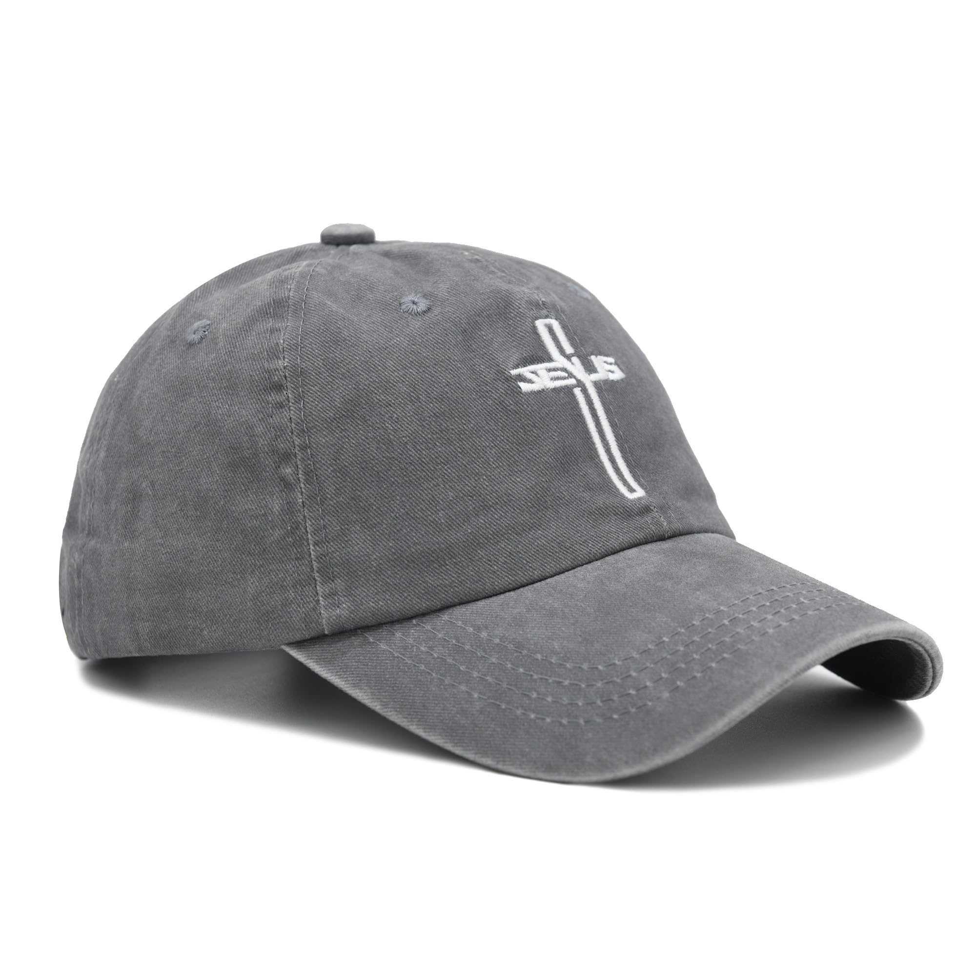 Christian Gifts for Men Women, Cross Jesus Hat, Washed Vintage Embroidered Baseball Cap Gray