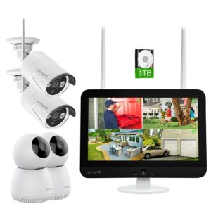 [10ch w. lcd screen] xmarto 2k hd all in one wireless security camera system with 12” lcd monitor and 4 wireless home security cameras (2 indoor ptz & 2 outdoor camera, plug-in for power, 1tb hdd)