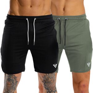 wangdo men's workout shorts 7" running gym athletic bike shorts with zipper pocket(black+green-m)