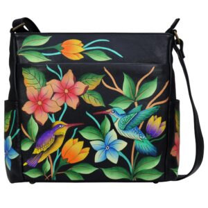 anna by anuschka womens anna anuschka women s genuine leather crossbody with side pockets, bird in paradise-black, one size us