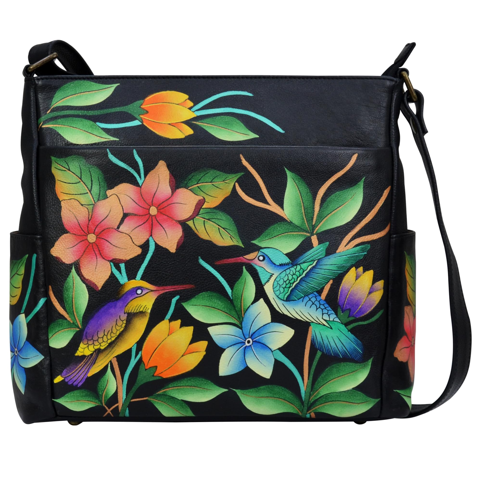 Anna by Anuschka womens Anna Anuschka Women s Genuine Leather Crossbody with Side Pockets, Bird in Paradise-black, One Size US