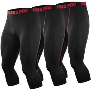 neleus men's 3 pack running capri leggings athletic compression short,6057,black,red and grey stripe,3xl