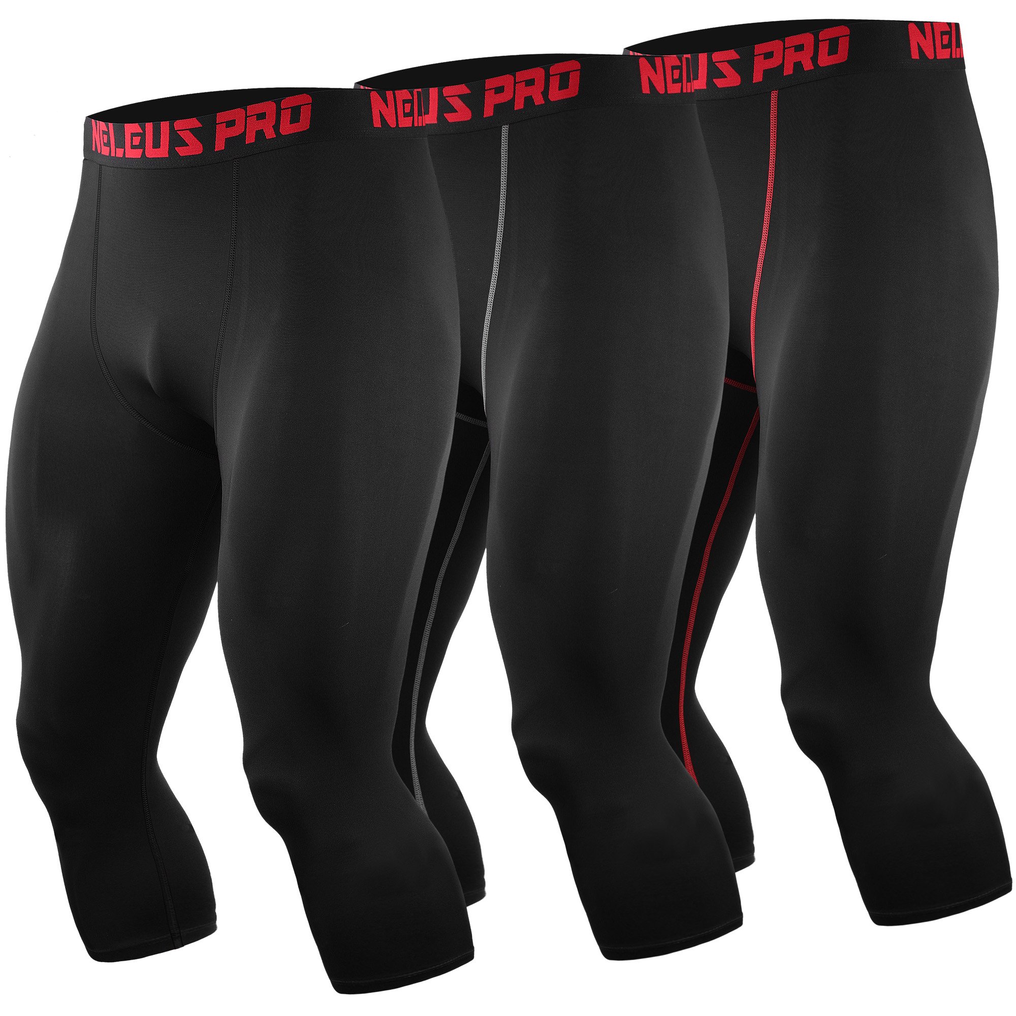 NELEUS Men's 3 Pack Running Capri Leggings Athletic Compression Short,6057,Black,red and Grey Stripe,3XL