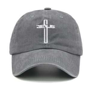 christian gifts for men women, cross jesus hat, washed vintage embroidered baseball cap gray