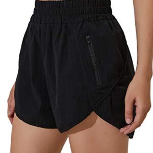 Blooming Jelly Womens High Waisted Running Shorts Athletic Workout Shorts Quick Dry Pants with Zipper Pocket (M,Black)