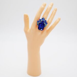 Rosemarie & Jubalee Women's Stunning Statement Emerald Cut Glass Crystal Stretch Cocktail Ring (Royal Blue Silver Tone)