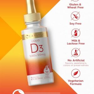 Carlyle Liquid Vitamin D3 | 5000 IU (125 mcg) | 2 oz | Vegetarian, Non-GMO, and Gluten Free Supplement | Vitamin D Liquid Drops for Adults