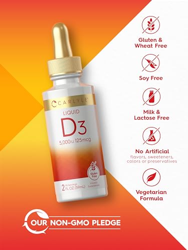 Carlyle Liquid Vitamin D3 | 5000 IU (125 mcg) | 2 oz | Vegetarian, Non-GMO, and Gluten Free Supplement | Vitamin D Liquid Drops for Adults