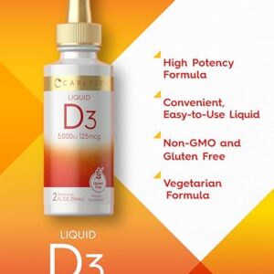 Carlyle Liquid Vitamin D3 | 5000 IU (125 mcg) | 2 oz | Vegetarian, Non-GMO, and Gluten Free Supplement | Vitamin D Liquid Drops for Adults