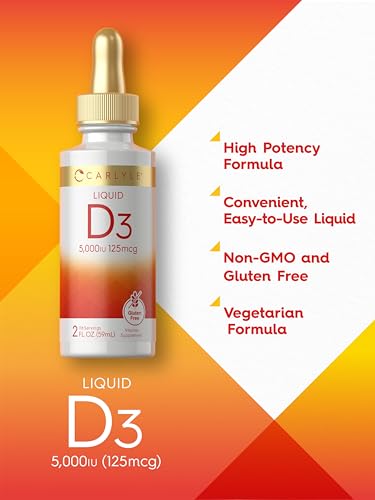 Carlyle Liquid Vitamin D3 | 5000 IU (125 mcg) | 2 oz | Vegetarian, Non-GMO, and Gluten Free Supplement | Vitamin D Liquid Drops for Adults