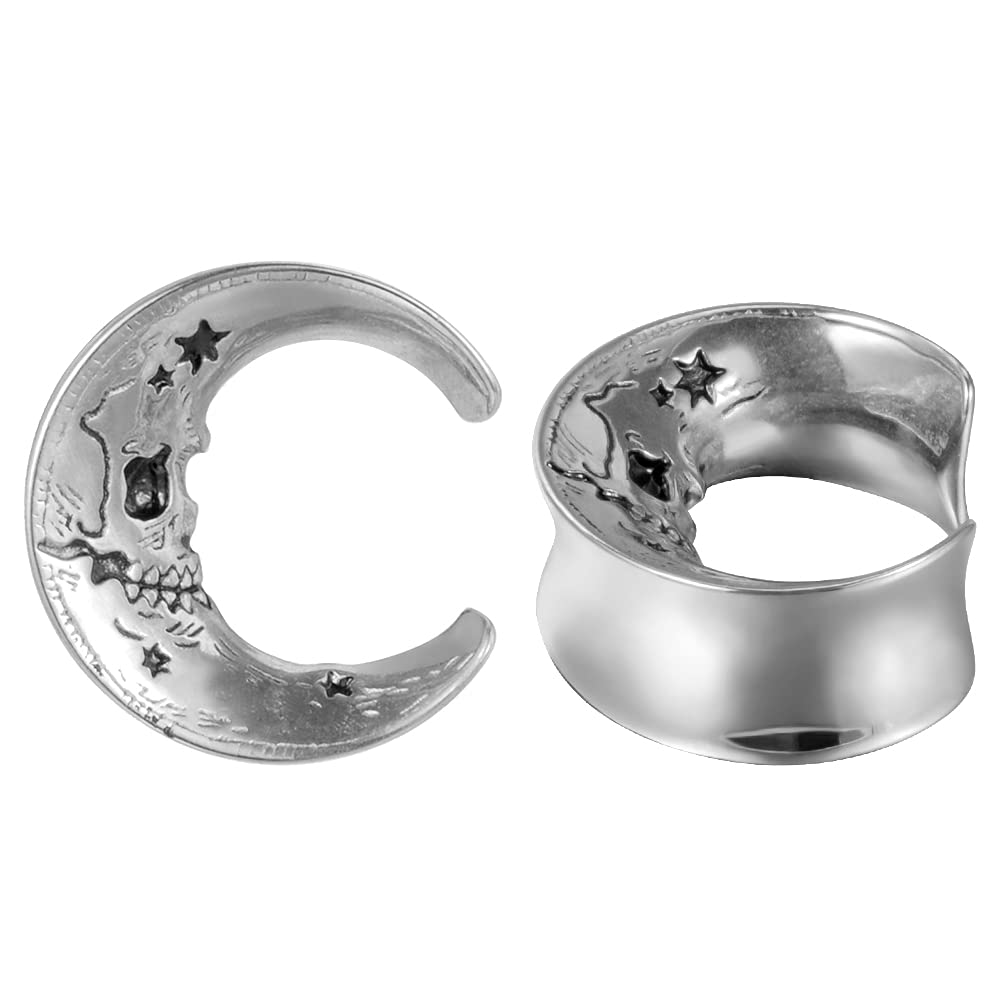 COOEAR 1 Pair Moon Style Ear Tunnels Flesh Plugs Piercing Earrings Stainless Steel Skull Ear Gauges 00g to 1 inch.