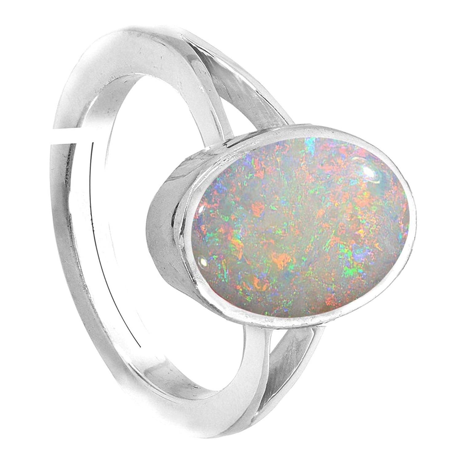 LMDPRAJAPATIS 11.50 Carat Natural Certified White Ethopian Opal Astrological Purpose Loose Gemstone Silver Adjustable Ring for Women and Men