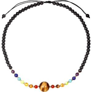 Jewever 7 Chakra Crystal Necklaces Healing Gem Stone Pendant Choker Necklace for Women Tiger Eye with Lava Rock Essential Oils Diffuser Energy Crystals Adjustable Strand（Yellow）