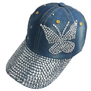 kangqifen women rhinestone pattern distressed denim baseball cap sparkle bling hat adjustable butterfly