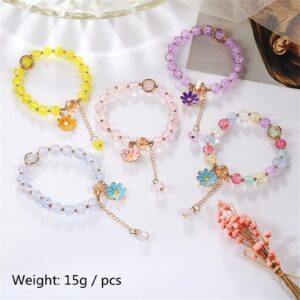 Bohemian Twinkling Crystal Beaded Daisy Butterfly Charm Bracelets Shiny Beads Metallic Tassel Stretch Wrap Bracelet Daisy Flower Resin Bead Elastic Bracelet for Women Girls Exquisite Jewelry (Purple)