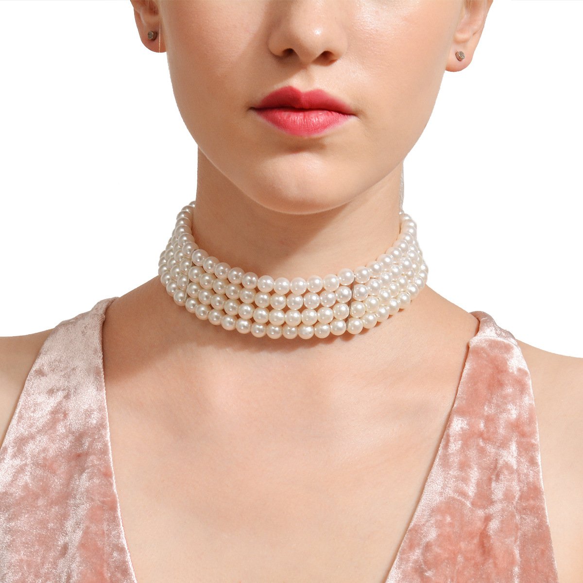 Multi Strand Faux Pearl Choker Necklace for Women 10.3 inches