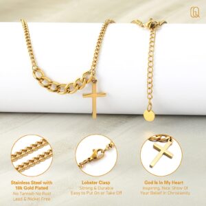 QGoliver Cross Necklace for Women Couple Necklaces Stainless Steel Curb Chain with Lord's Prayer Plain Cross Pendant Necklace for Men, Gold