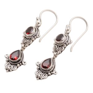 NOVICA Artisan Handmade Garnet Dangle Earrings Crafted .925 Sterling Silver Indonesia Gemstone Balinese Traditional 'Traditional Ways'