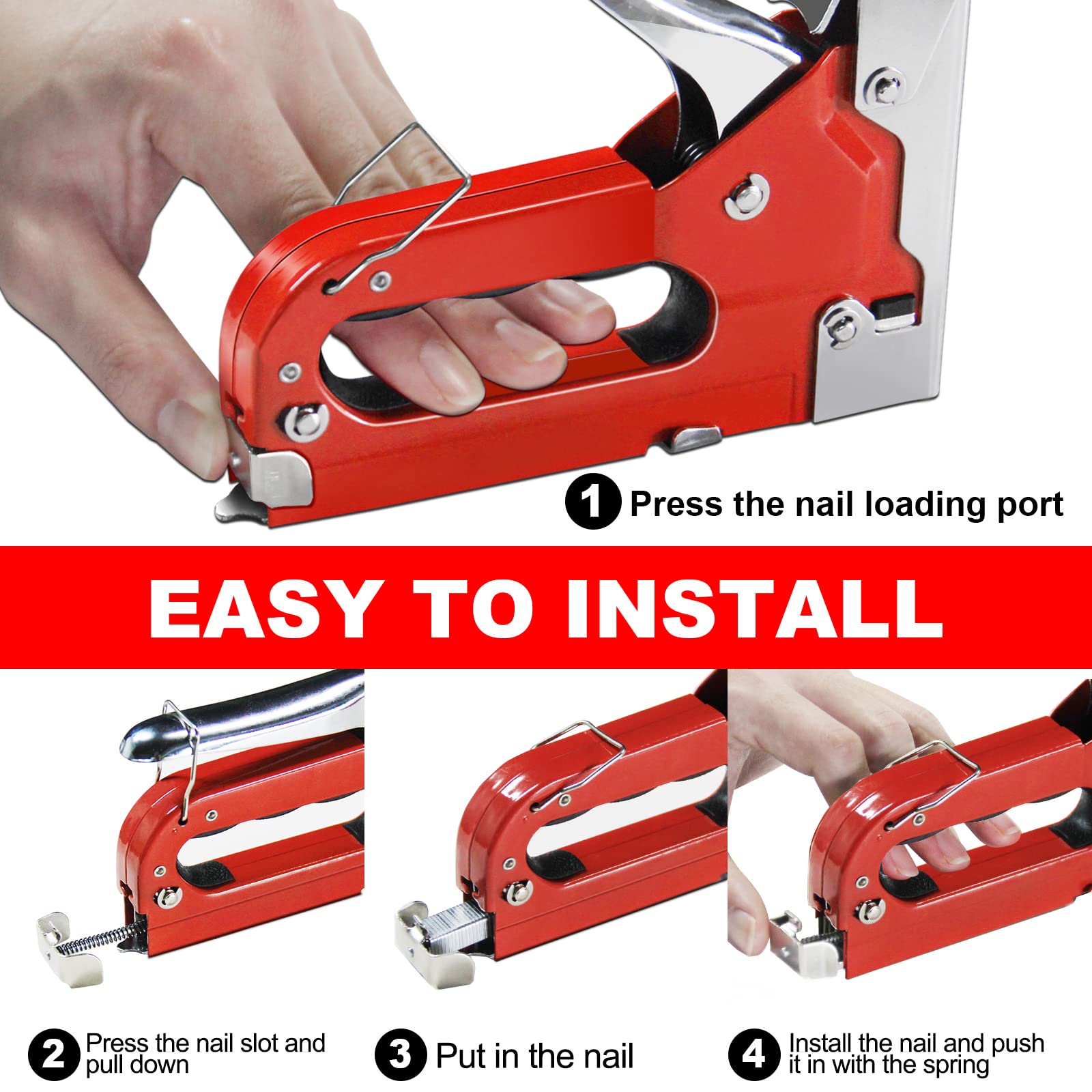 Upholstery Staple Gun for Wood Heavy Duty with Staples,4 in 1 Manual Power Adjustment Brad Nail Stapler Gun for Wood,Craft,Wire,Cable,Fabric,Furniture,DIY (4 in 1 Basic kit)