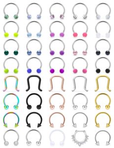 ftovosyo 40pcs 16g surgical steel nose septum rings piercing jewelry horseshoe helix tragus cartilage earring hoop eyebrow lip hoop retainer for women men 10mm 3/8 inch