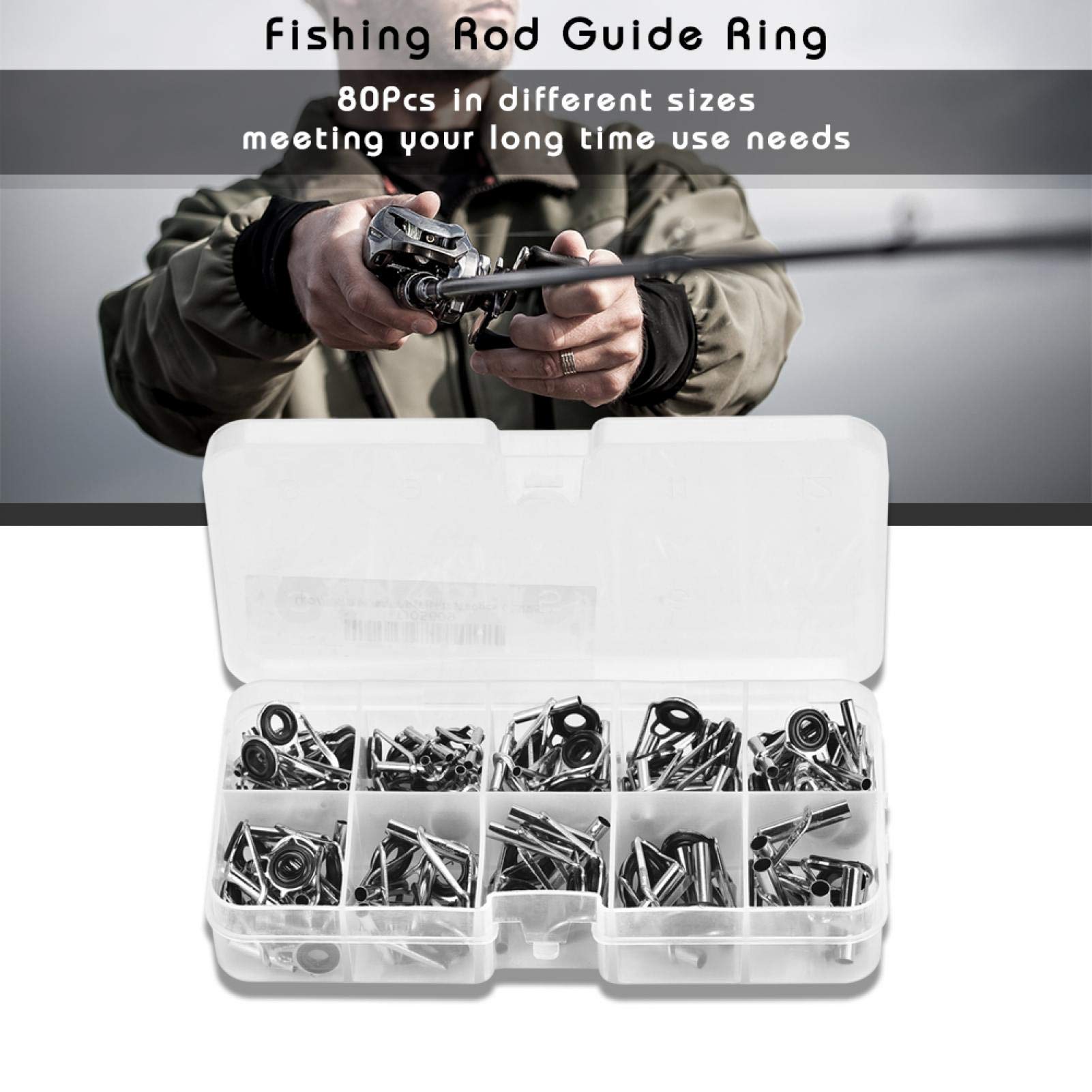 EVTSCAN 80Pcs Fishing Rod Guides Ring Tips Set Stainless Steel Ceramic Top Ring Lure Tool Kit in 10 Sizes Replacement Accessory