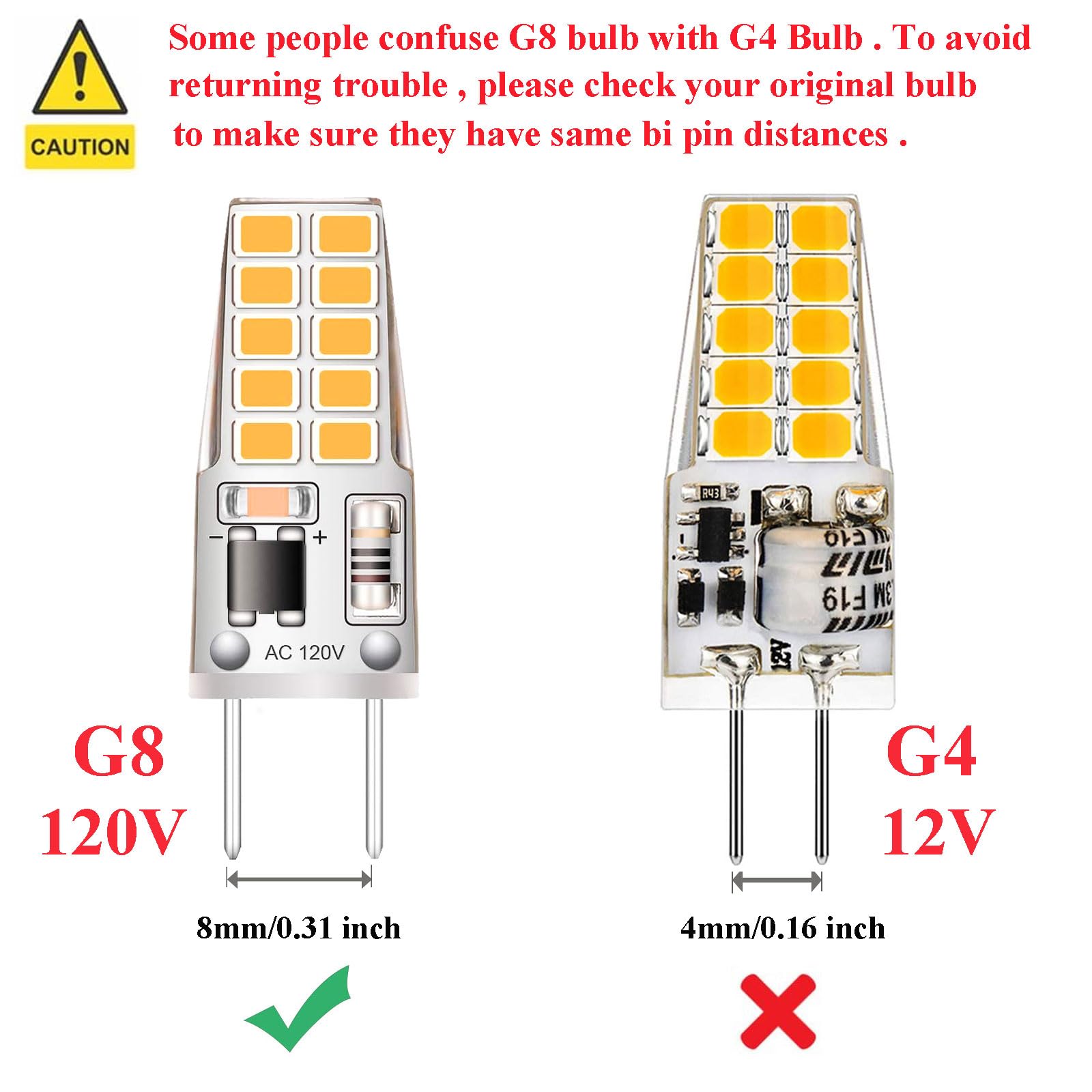 Kapata 5 Pack G8 LED Bulb Soft White 2700K 120V 3W Equivalent to G8 Halogen Bulb 35W T4 JCD Type GY8.6 Bi-Pin Base, Non-dimmable for Under Cabinet Light, Under Counter Kitchen Lighting