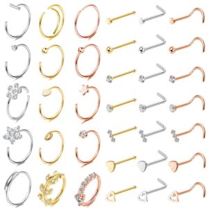 drperfect 36pcs 20g nose rings hoop l shape screw bone nose studs stainless steel nose rings nostril piercing jewelry silver gold rose gold tone set body jewelry for women men