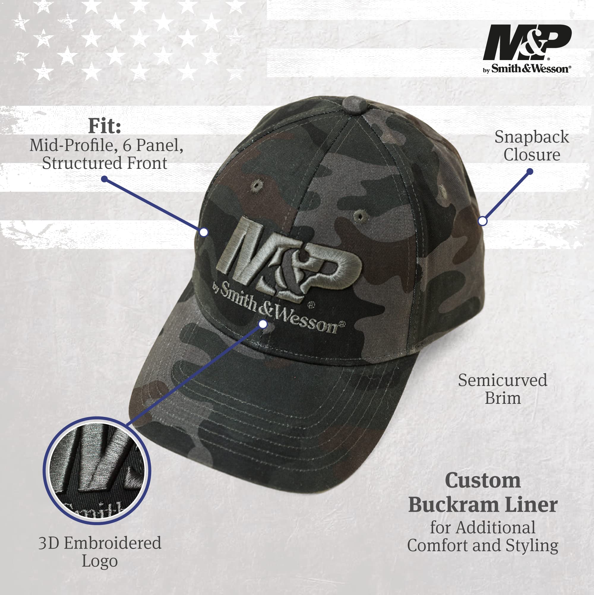 M&P by Smith & Wesson Officially Licensed Men’s Baseball Hat, Adjustable Dark Camo with Emobroidered Logo