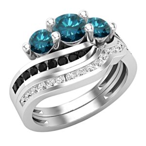 dazzlingrock collection 1.40 (ctw) round blue, white & black diamond twisted bypass 3 stone wedding ring set for women 14k white gold, size 8