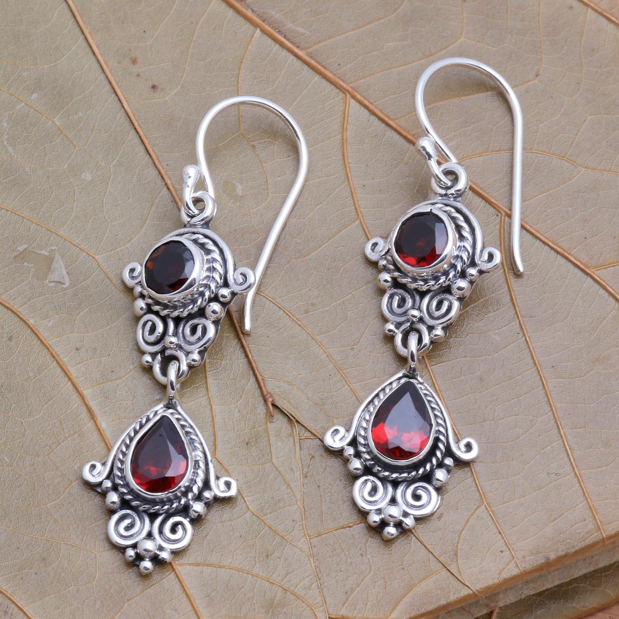 NOVICA Artisan Handmade Garnet Dangle Earrings Crafted .925 Sterling Silver Indonesia Gemstone Balinese Traditional 'Traditional Ways'