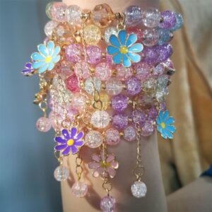 Bohemian Twinkling Crystal Beaded Daisy Butterfly Charm Bracelets Shiny Beads Metallic Tassel Stretch Wrap Bracelet Daisy Flower Resin Bead Elastic Bracelet for Women Girls Exquisite Jewelry (Purple)