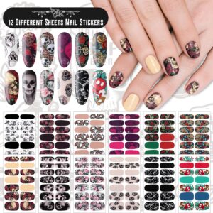 Maitys 168 Pieces Halloween Skull Full Wrap Nail Stickers DIY Gothic Nail Polish Strips Stickers Self Adhesive Full Wraps with Nail File for Halloween Party Decor(Skeleton Style)