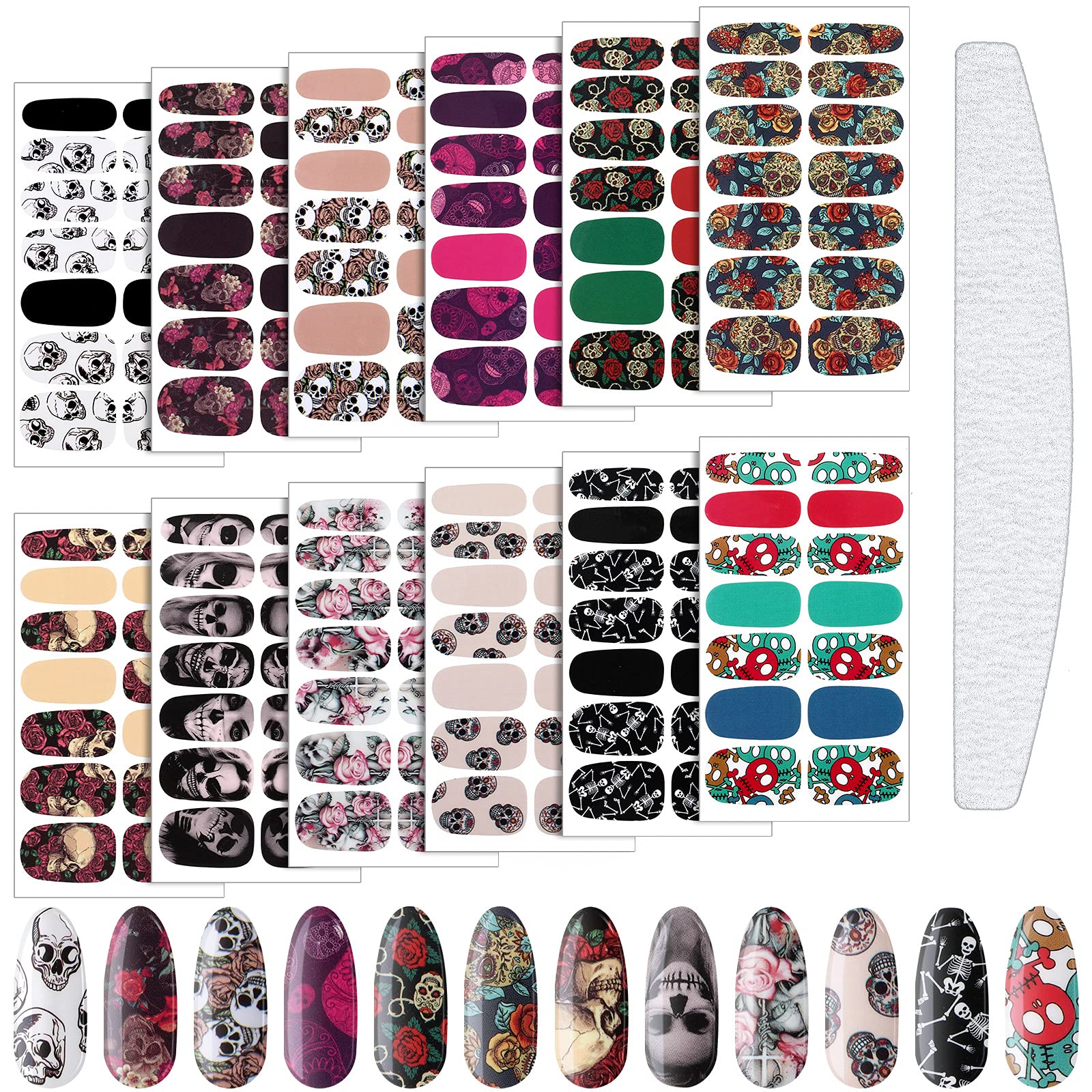 Maitys 168 Pieces Halloween Skull Full Wrap Nail Stickers DIY Gothic Nail Polish Strips Stickers Self Adhesive Full Wraps with Nail File for Halloween Party Decor(Skeleton Style)