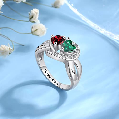 Personalized Promise Rings for Her Love Heart Women Engagement Custom Names Mothers Ring with 2 Simulated Birthstones Jewelry for Women (7)