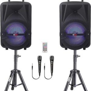 QFX PBX-800TWS 8-Inch TWS Bluetooth Stereo PA System with 2 8" Speakers, 2 Microphones, 2 Stands, and a Remote Control