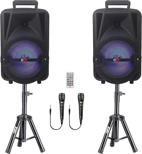 QFX PBX-800TWS 8-Inch TWS Bluetooth Stereo PA System with 2 8" Speakers, 2 Microphones, 2 Stands, and a Remote Control