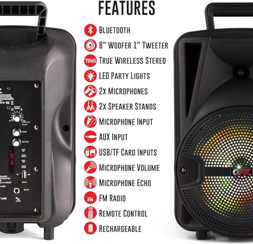 QFX PBX-800TWS 8-Inch TWS Bluetooth Stereo PA System with 2 8" Speakers, 2 Microphones, 2 Stands, and a Remote Control