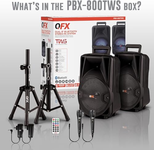 QFX PBX-800TWS 8-Inch TWS Bluetooth Stereo PA System with 2 8" Speakers, 2 Microphones, 2 Stands, and a Remote Control