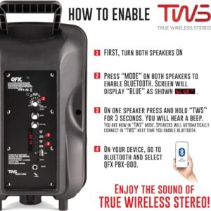 QFX PBX-800TWS 8-Inch TWS Bluetooth Stereo PA System with 2 8" Speakers, 2 Microphones, 2 Stands, and a Remote Control