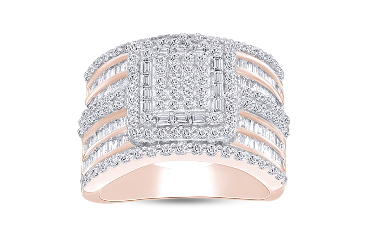 AFFY 2 Carat Round & Baguette Cut Natural Diamond Rectangle Frame Wedding Band Ring In 14K Rose Gold Over 925 Sterling Silver (2 Cttw, I2-I3 Clarity), Ring Size-9