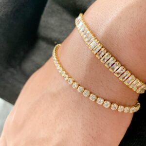 Apzzic 7mm Bling Iced Out Cubic Zirconia Baguette Diamond Hip Hop Gold Plated Tennis Chain Bracelet for Men Women Gold 7Inch