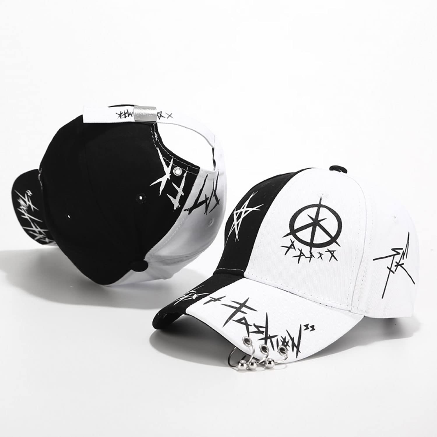 Graffiti Baseball Cap, K-pop Boys Outdoor Iron Ring Snapback Hat，Black White Hiphop Hat, Dad Hat, techwear Hat, tech Wear Cap, Trucker Hat for Men Women