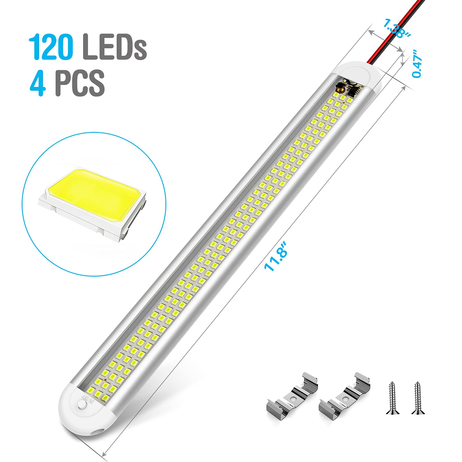 12v LED Interior Light Bar，CT CAPETRONIX 120LEDs 1500LM 8W DC 12 Volt led Strip Lights with ON/Off Switch，for Enclosed Cargo Trailer, Car RV Van Truck Lorry Camper Boat Caravan Motorhome (4Pack)