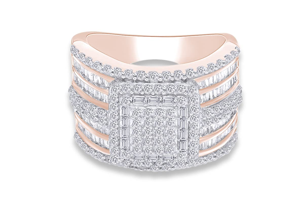 AFFY 2 Carat Round & Baguette Cut Natural Diamond Rectangle Frame Wedding Band Ring In 14K Rose Gold Over 925 Sterling Silver (2 Cttw, I2-I3 Clarity), Ring Size-9