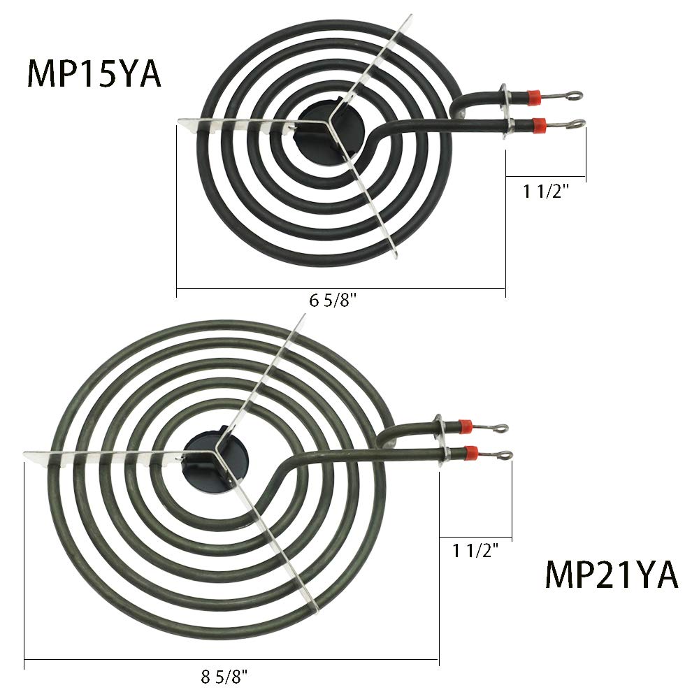 Siwdoy W10196405 W10196406 Chrome Drip Pan Set and MP21YA MP15YA Burner Surface Elements, Compatible with Whirlpool Range Oven