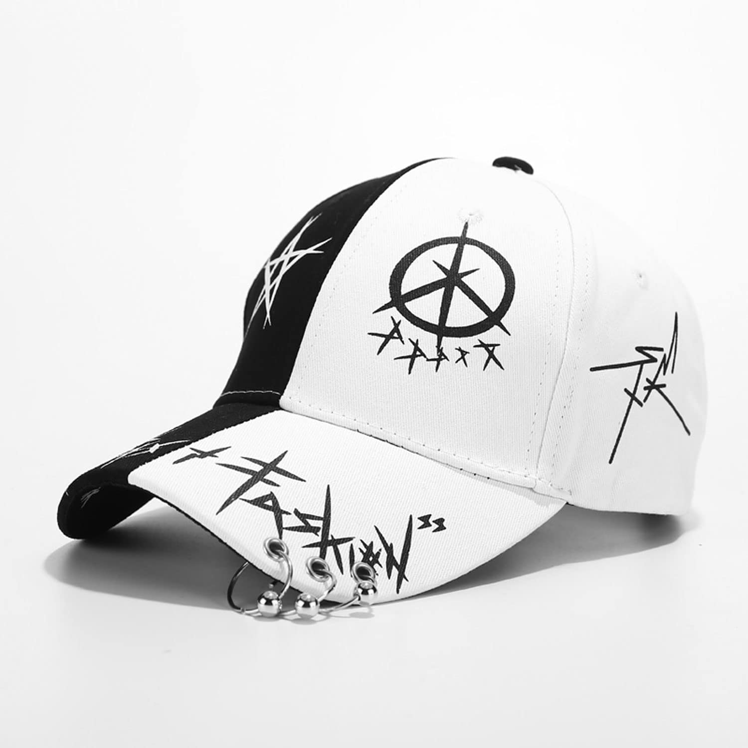 Graffiti Baseball Cap, K-pop Boys Outdoor Iron Ring Snapback Hat，Black White Hiphop Hat, Dad Hat, techwear Hat, tech Wear Cap, Trucker Hat for Men Women