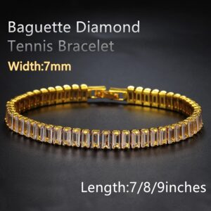 Apzzic 7mm Bling Iced Out Cubic Zirconia Baguette Diamond Hip Hop Gold Plated Tennis Chain Bracelet for Men Women Gold 7Inch